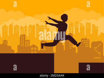 Parkour Sports with Young Men Jumping Over Walls and Barriers in City ...