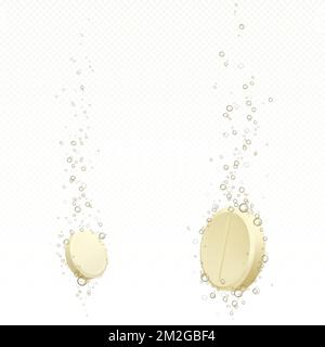 Effervescent soluble tablet with bubbles in water isolated on ...