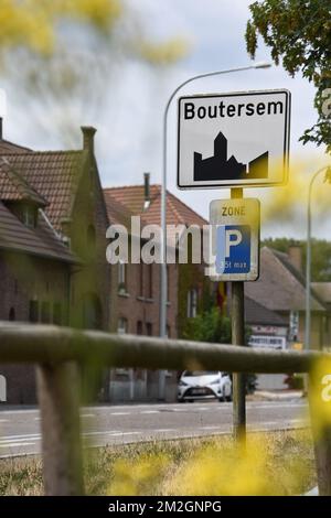 Illustration shows the name of the Boutersem municipality on a road ...