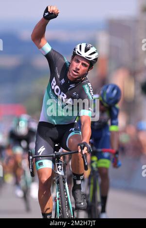 British Peter Kennaugh of Bora-Hansgrohe celebrates after winning the ...
