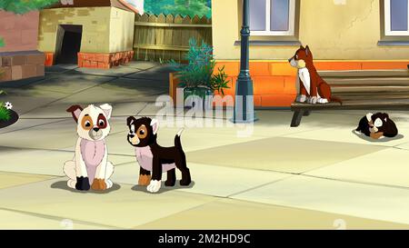 Funny and cute multi-colored puppies in the yard. Digital painting ...