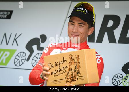 Australian Caleb Ewan of Mitchelton - Scott celebrates on the podium of ...