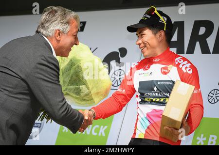 Australian Caleb Ewan of Mitchelton - Scott celebrates on the podium of ...