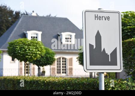 Illustration shows the name of the Herve municipality on a road sign ...