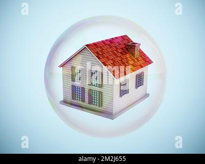 House inside a floating bubble. Real estate bubble concept. 3D ...