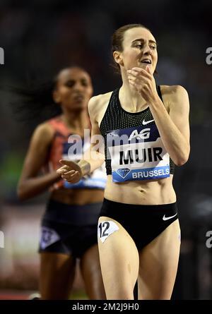 Laura Muir of Great Britain reacts after finishing eight in heat 4 of ...