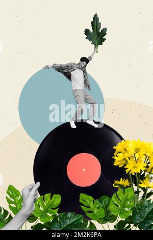 Vertical collage picture of crazy funky mini aged santa running big ...