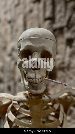 A vertical shot of a skeleton with a cigarette - smoking kills concept ...