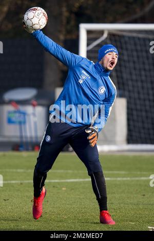 Gent's goalkeeper Yannick Thoelen pictured in action during a training ...