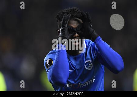 Genk's Joseph Aidoo reacts at a game of Belgian soccer team KRC Racing ...