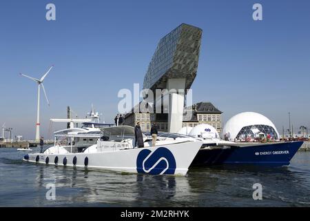Illustration shows a visit of the boat, the Energy Observer special ...