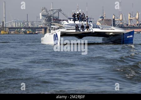 Illustration shows a visit of the boat, the Energy Observer special ...