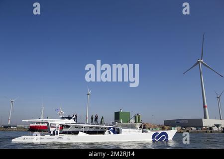 Illustration shows a visit of the boat, the Energy Observer special ...