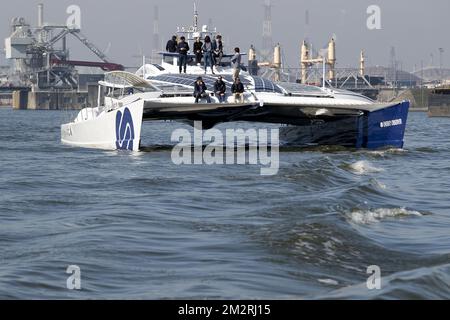 Illustration shows a visit of the boat, the Energy Observer special ...