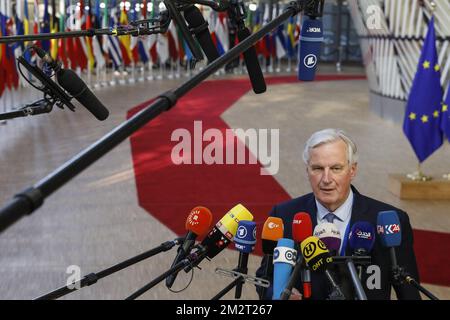 Brexit Chief Negotiator Michel Barnier talks to the press as he arrives ...