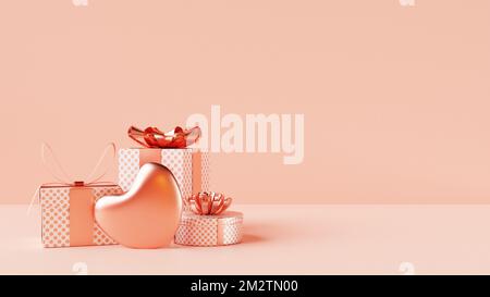 Valentines day celebration. Gift boxes with flying heart shape balloons ...