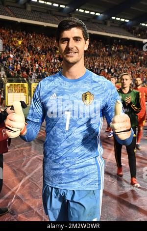 Belgium's goalkeeper Thibaut Courtois celebrates after a soccer game ...