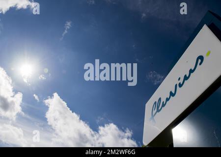 Illustration picture shows the Fluvius logo ahead of a press conference ...