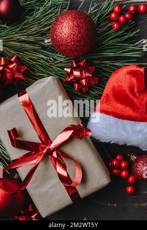 Christmass background gift boxe,red christmas tree toys,Santa hatn and ...