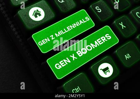 Hand writing sign Gen Z Millennials Gen X Boomers. Business overview ...