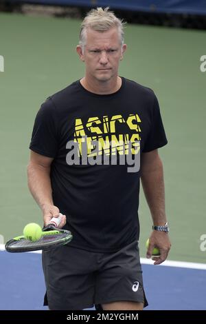 Goffin's coach Thomas Johansson pictured during a press conference at ...