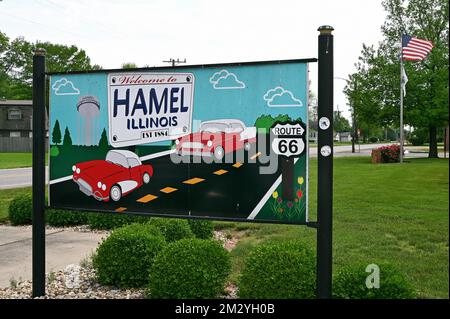 Route 66 place name sign, Welcome to Hamel, Illinois, United States of ...