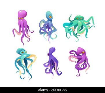 Octopuses set cartoon vector illustration. Sea cute animal Stock Vector ...