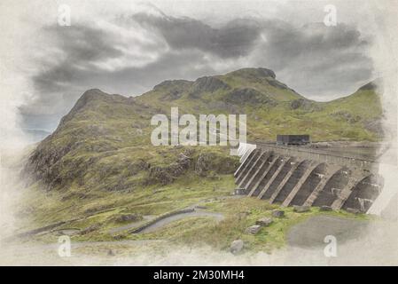 Snowdonia digital watercolor painting of Stwlan Dam and the Moelwyn ...