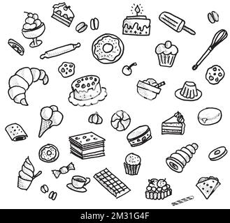 Dessert doodle icon set, breakfast bun, donut cupcake and candies ...