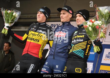 Belgian Timo Kielich , French Antoine Benoist and Belgian Yentl Bekaert pictured on the podium ...