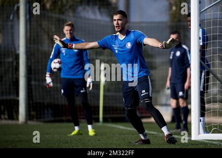 Gent's goalkeeper Jari De Busser pictured in action during a training ...