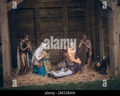 Nativity scenes outside Manchester Cathedral Stock Photo - Alamy