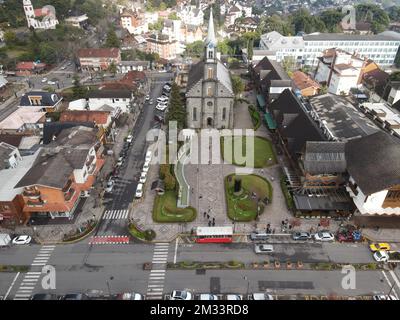 A drone shot of Mother Church Of St. Peter in Gramado, Rio Grande do ...