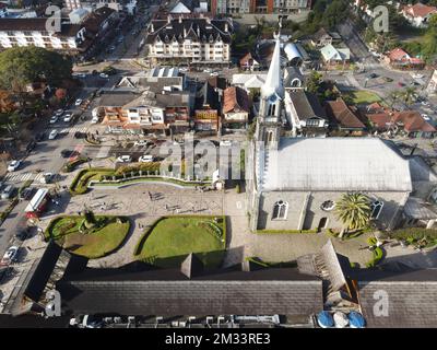A drone shot of Mother Church Of St. Peter in Gramado, Rio Grande do ...