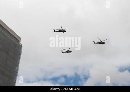 Three colombian police helicopters flying during independence day ...