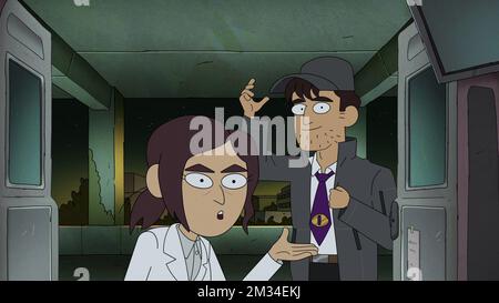 INSIDE JOB, from left: Reagan Ridley (voice: Lizzy Caplan), Brett Hand ...