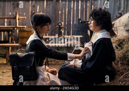 WEDNESDAY, from left: Jenna Ortega (as Goody Addams), Jenna Ortega (as ...