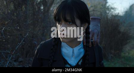 WEDNESDAY, from left: Jenna Ortega (as Goody Addams), Jenna Ortega (as ...