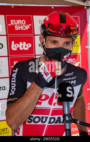 Belgian Philippe Gilbert talks to the press during the team ...