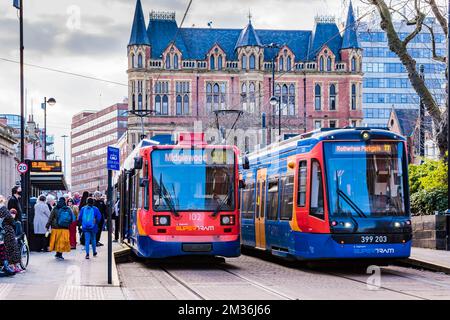A Sheffield supertram at the Cathedral stop Stock Photo - Alamy