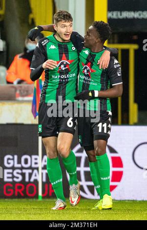 Cercle's Edgaras Utkus celebrates after scoring during a soccer match ...