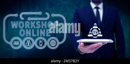 Hand writing sign Workshop Online. Business overview room or building ...