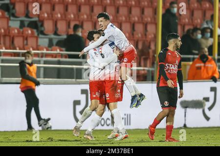 Kortrijk's Ante Palaversa celebrates after scoring during a soccer ...