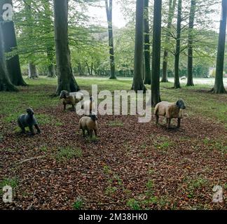 Fake sheep in a small woodland part of a pasture - sculptures in a ...
