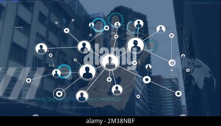 Image of profile icons connecting dots, data with graph, globe ...