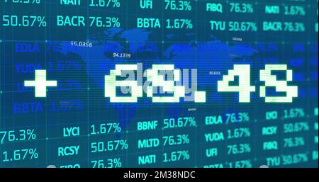Image of addition symbol with numbers and trading board against map ...