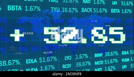 Image of addition symbol with numbers and trading board against map ...