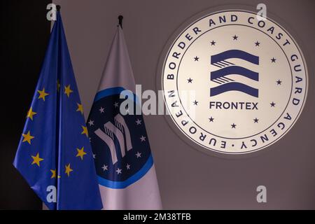 The Frontex logo pictured during a visit to Frontex operations, during ...