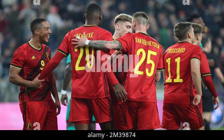 Belgium's Christian Benteke celebrates after scoring during a soccer ...