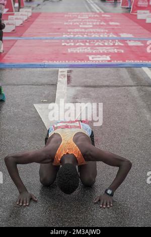 Ethiopian athlete Abdi Asefa Kebede seen celebrating the second ...